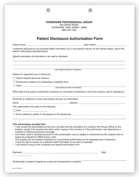 DIS100 Two Part Patient Disclosure Authorization HIPAA Form 8 1/2x11 ...