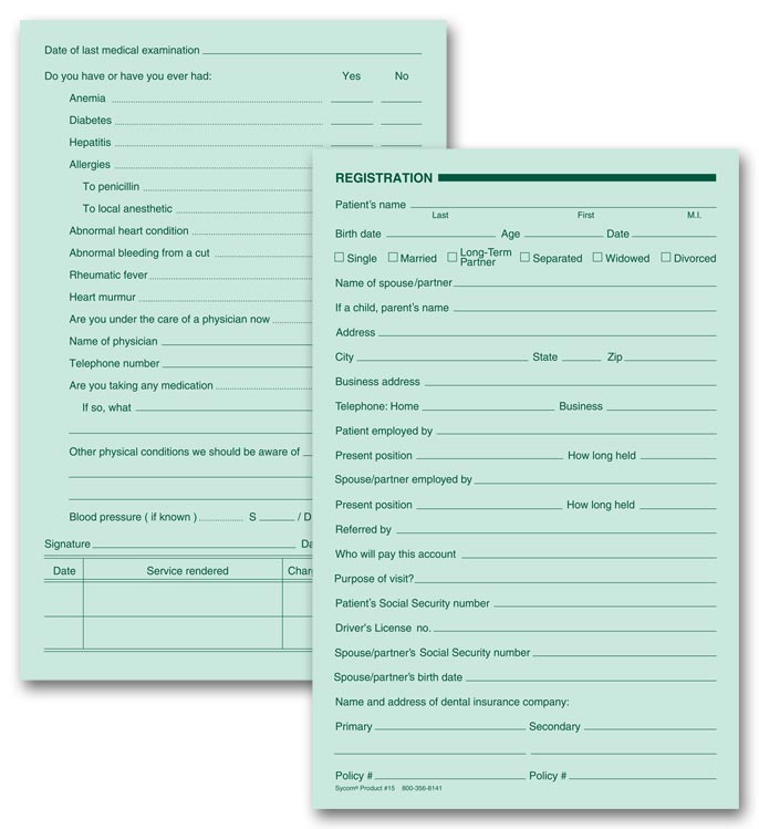 15 Dental Registration Forms Two Sided Green Ledger 5 1/2x8 1/2"QTY250 ...